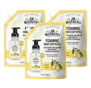 j.r. watkins foaming hand soap refill, moisturizing foam hand wash, all natural, alcohol-free, cruelty-free, usa made, lemon, 28 fl oz, 3 pack