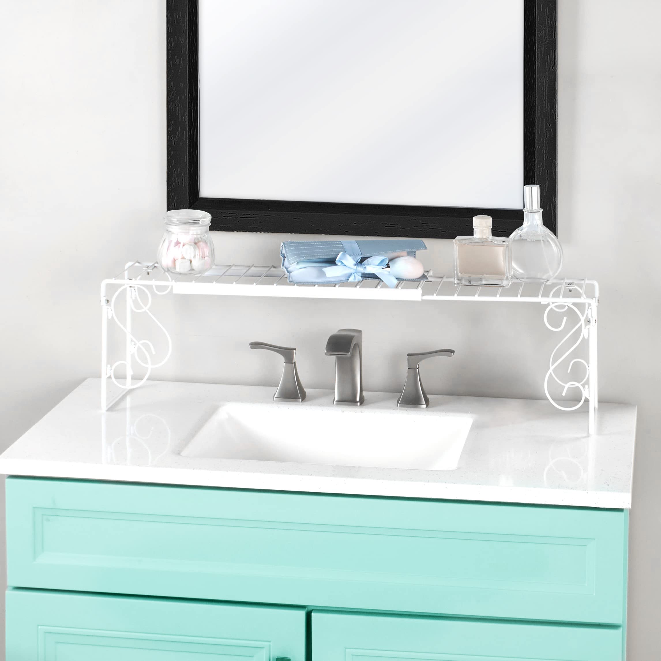 Kovot Expandable Over The Sink Shelf Extends in Length from 24.5" to 40.75" | Add Additional Storage for Soaps, cleansers, sponges and More 8.5" H x 5.75" D (White)