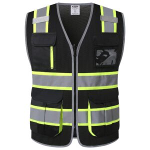 jksafety 9 pockets hi-vis mesh safety vest for men and women | chaleco reflectante de seguridad | zipper front | multiple pockets | class 1 (140-black l)