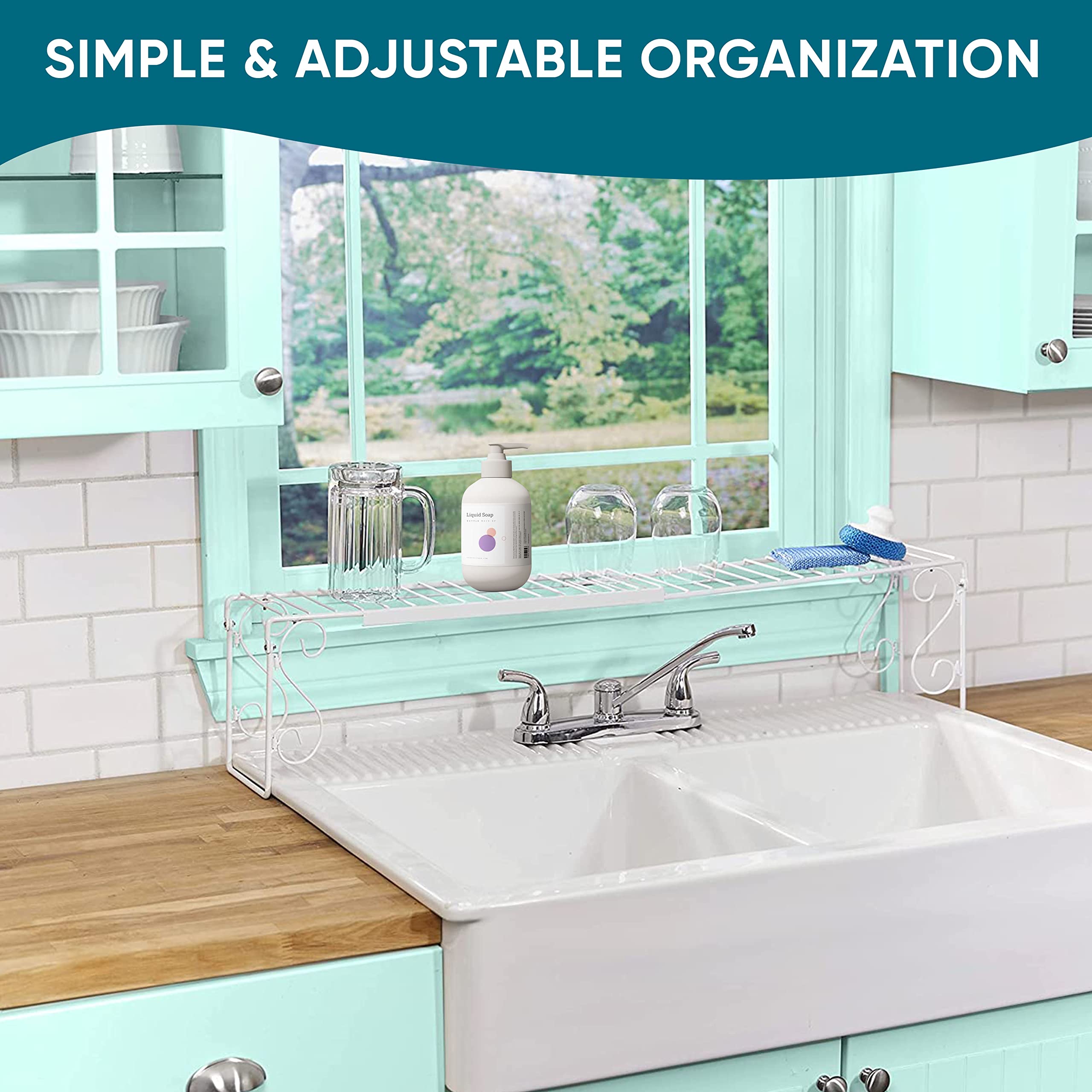 Kovot Expandable Over The Sink Shelf Extends in Length from 24.5" to 40.75" | Add Additional Storage for Soaps, cleansers, sponges and More 8.5" H x 5.75" D (White)