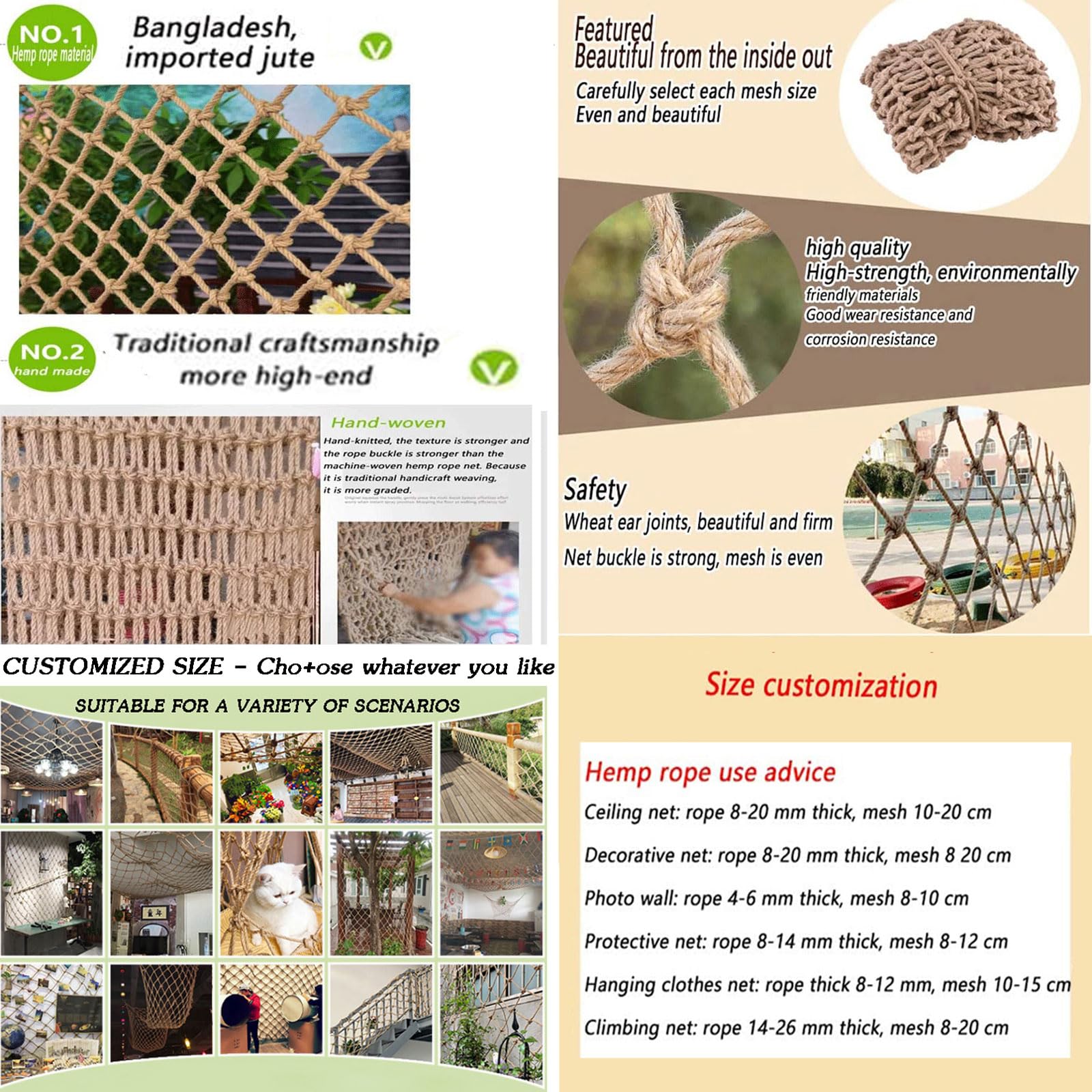 KACQIHTU Hemp Rope Net Kids Climbing Safety Net Child Safety Rope Netting Balcony Stairs Fence Garden Playground Protection Net Indoor & Outdoor Decor Rope Net