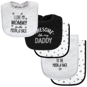 hudson baby unisex baby cotton terry bib and burp cloth set, mom dad moon and back, one size