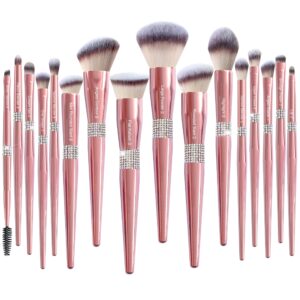 bueart design 16pcs ultra soft labeled makeup brushes sets -with foundations powder blush concealer blending eyeshadow contour brush sets (rose gold)