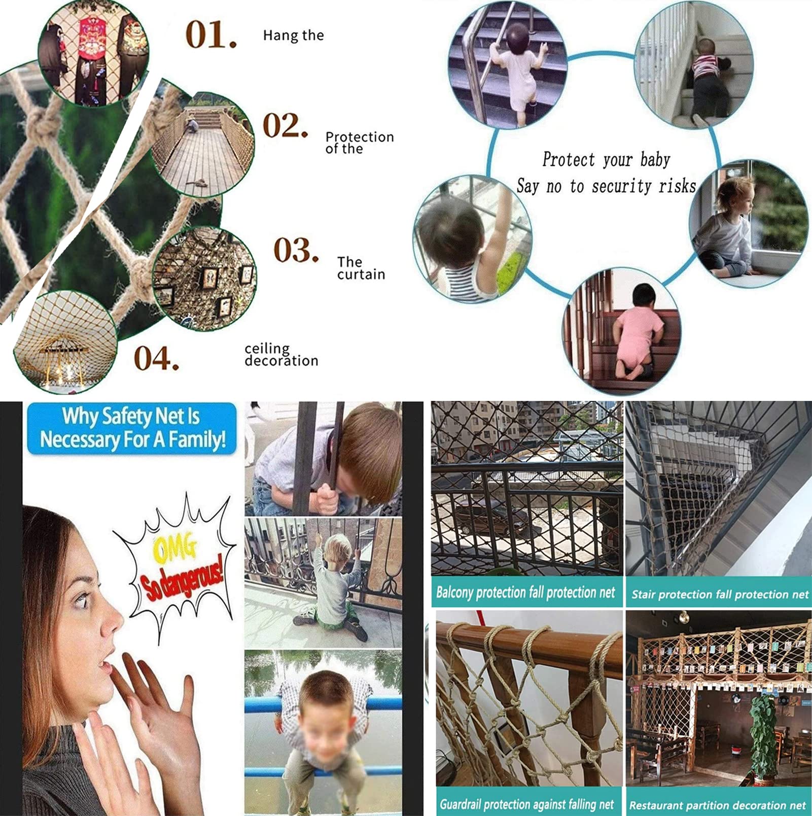 KACQIHTU Hemp Rope Net Kids Climbing Safety Net Child Safety Rope Netting Balcony Stairs Fence Garden Playground Protection Net Indoor & Outdoor Decor Rope Net