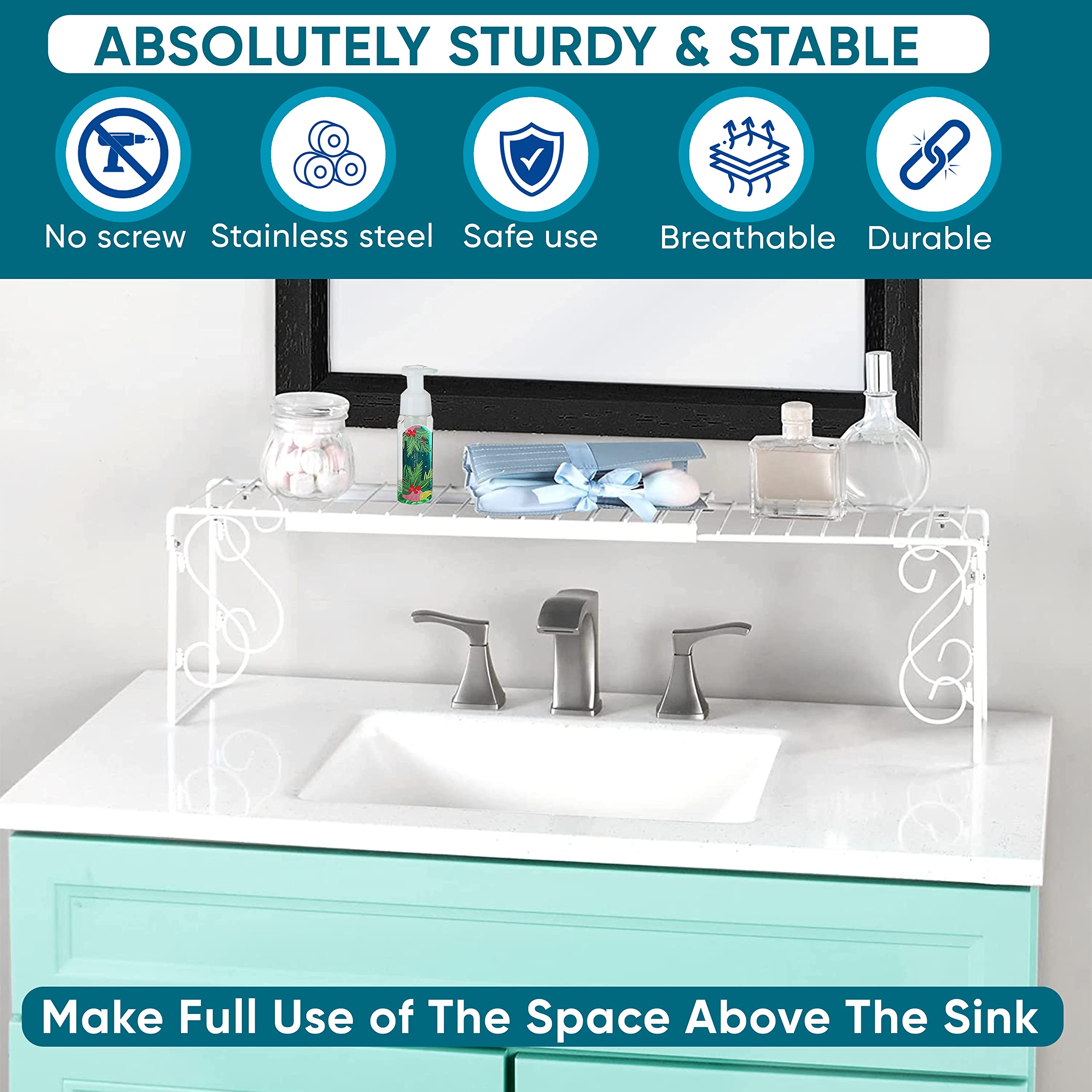 Kovot Expandable Over The Sink Shelf Extends in Length from 24.5" to 40.75" | Add Additional Storage for Soaps, cleansers, sponges and More 8.5" H x 5.75" D (White)