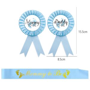 CoolerthingsDG, 3pcs, with gold Letters,Baby Shower Button New Dad Gifts Gender Reveals Party Baby Boy White and Blue Rosette Button Baby Celebration ( Blue footprint)