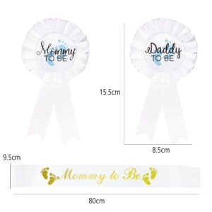 CoolerthingsDG, 3pcs, with gold Letters,Baby Shower Button New Dad Gifts Gender Reveals Party for Baby Boy White Rosette Button Baby Celebration ( Blue footprint)