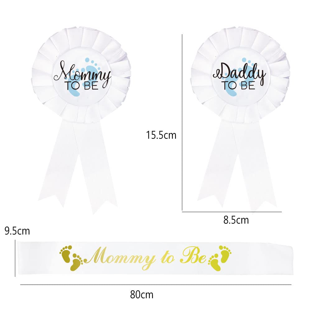 CoolerthingsDG, 3pcs, with gold Letters,Baby Shower Button New Dad Gifts Gender Reveals Party for Baby Boy White Rosette Button Baby Celebration ( Blue footprint)