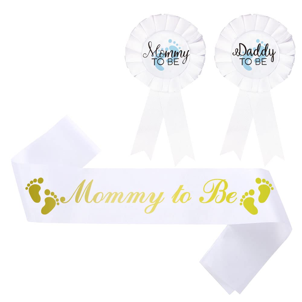 CoolerthingsDG, 3pcs, with gold Letters,Baby Shower Button New Dad Gifts Gender Reveals Party for Baby Boy White Rosette Button Baby Celebration ( Blue footprint)