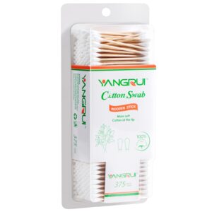 yangrui cotton swab, 375 count wooden stick bpa free naturally pure double round ear swabs white cotton buds (pack of 1)