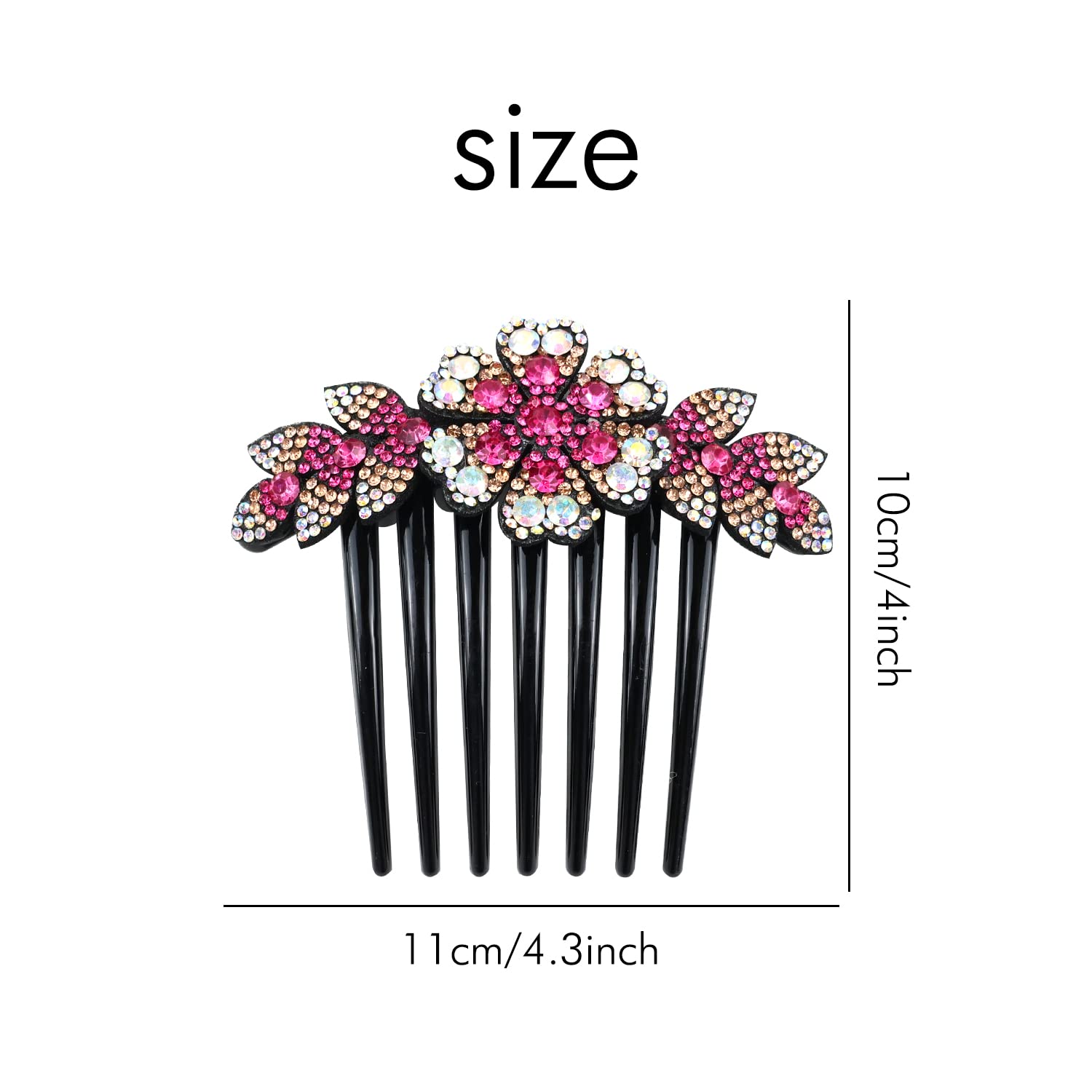 Lawie 6 Pack Luxury Sparkly Glitter Flower Leaf Rhinestone Black Plastic Side French Twist Hair Combs Long Teeth Slide Hairpins Barrettes Bun Chignon Clips Long Thick Hair Holder Accessories for Women