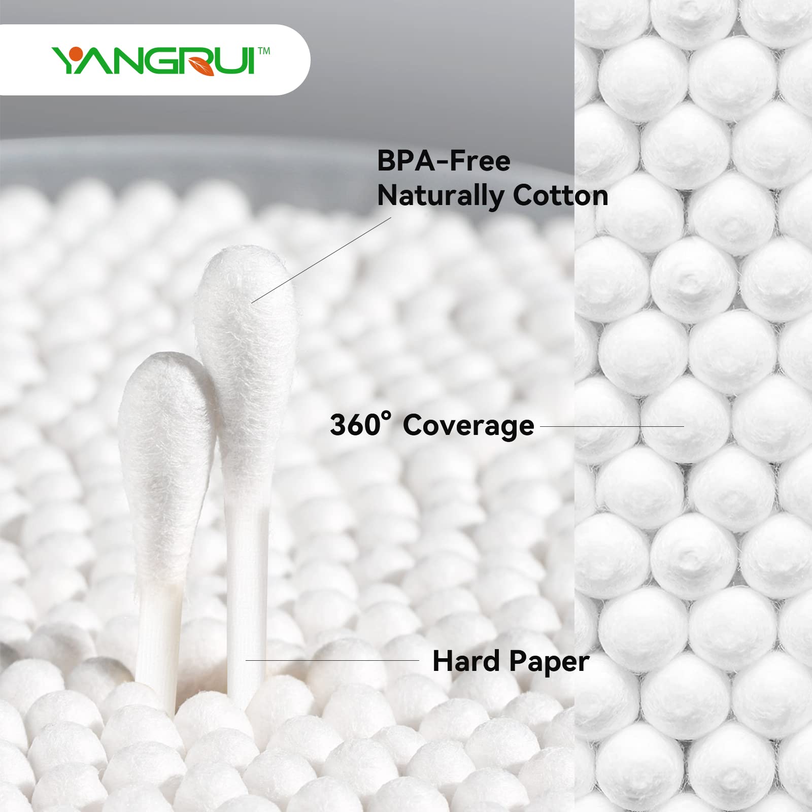 YANGRUI Cotton Swab, 510 Count Bamboo Stick BPA Free Naturally Pure Double Round Ear Swabs White Cotton Buds (Pack of 1)