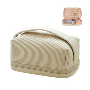 bakluck travel makeup bag double layer large capacity makeup bag for women, cream pu leather toast makeup bag with makeup brush compartment, makeup bag for girls travel portable beige makeup bag