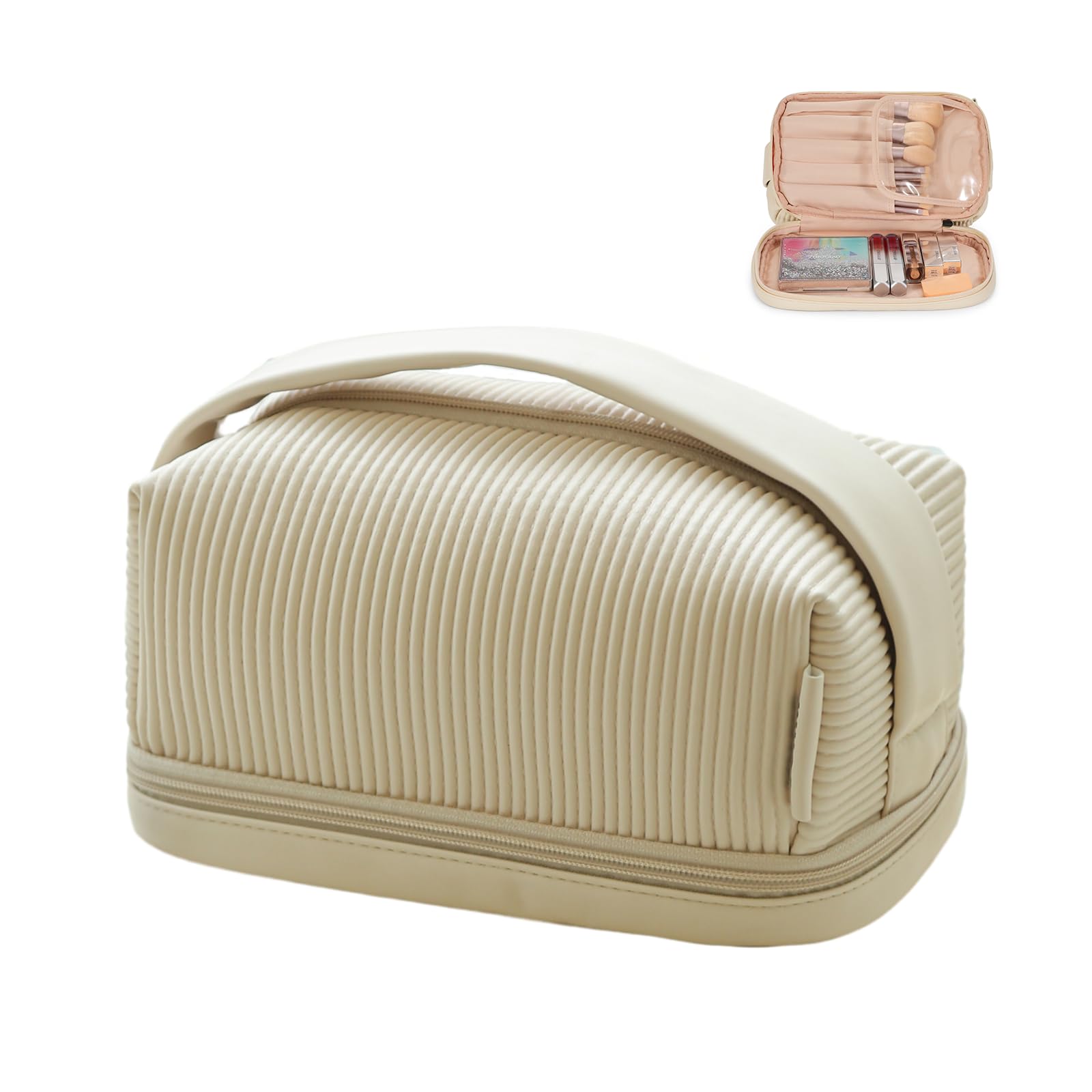 BAKLUCK Travel Makeup Bag Double Layer Large Capacity Makeup bag for Women, Cream PU Leather Toast Makeup Bag with Makeup Brush Compartment, Makeup Bag for Girls Travel Portable Beige Makeup Bag