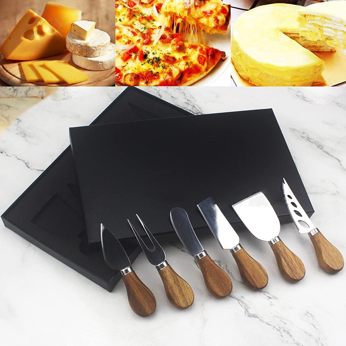 PBXZET 6-Piece Cheese Knife Set, Cheese Knives Cheese Knife Set Wooden Handle Stainless Steel Cheese Slicer Fork Spreader for Cheese Butter Pizza Cake Cutlery Cheese Knife Gift Set (Acacia)