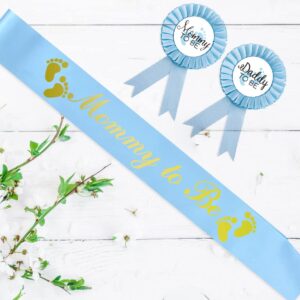 coolerthingsdg, 3pcs, with gold letters,baby shower button new dad gifts gender reveals party baby boy white and blue rosette button baby celebration ( blue footprint)