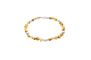 genuine amber anklet from baltic sea made with polished green & shell pearl 24 cm (9.4 inches).