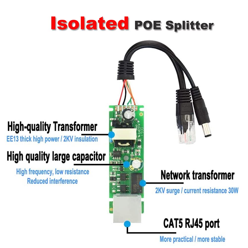 PCUORLEORS PoE Splitter 48V to 12V, 2A with IEEE 802.3af/at Standard Compliant 10/100Mbps Power Over Ethernet Splitter Adapter for Security Camera CCTV Surveillance DC Plug Cable (2Pack)