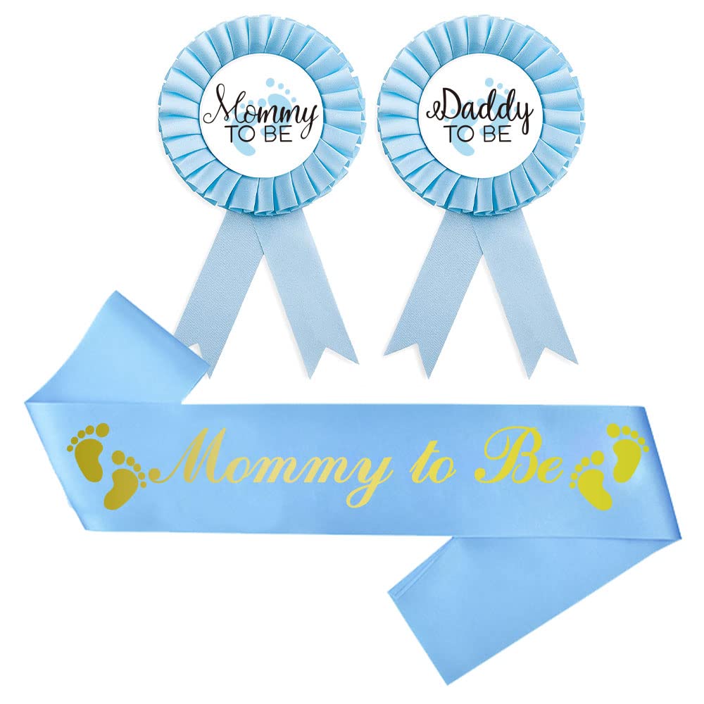 CoolerthingsDG, 3pcs, with gold Letters,Baby Shower Button New Dad Gifts Gender Reveals Party Baby Boy White and Blue Rosette Button Baby Celebration ( Blue footprint)