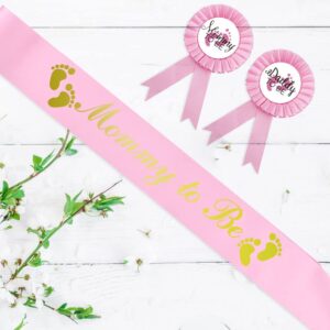 coolerthingsdg, 3pcs, daddy to be & mommy to be tinplate badge pink pin and one pink sash for mommy to be, with gold letters, - baby shower button new dad gifts gender reveals party baby girl white and pink rosette button baby celebration ( pink footprint