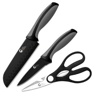 cucut kitchen knife, 3 pcs knife set with multifunctional kitchen scissors, santoku knife, paring knife, black knife set for chef paring cutting slicing dishwasher safe (anti-slip handle)