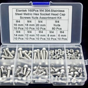 Elantek 160Pcs Metric M4 304-Stainless Steel Hex Socket Head Cap Screws Nuts Assortment Kit- M4 x 6mm/ 8mm/ 10mm/ 12mm/ 14mm/ 16mm/ 18mm/ 20mm