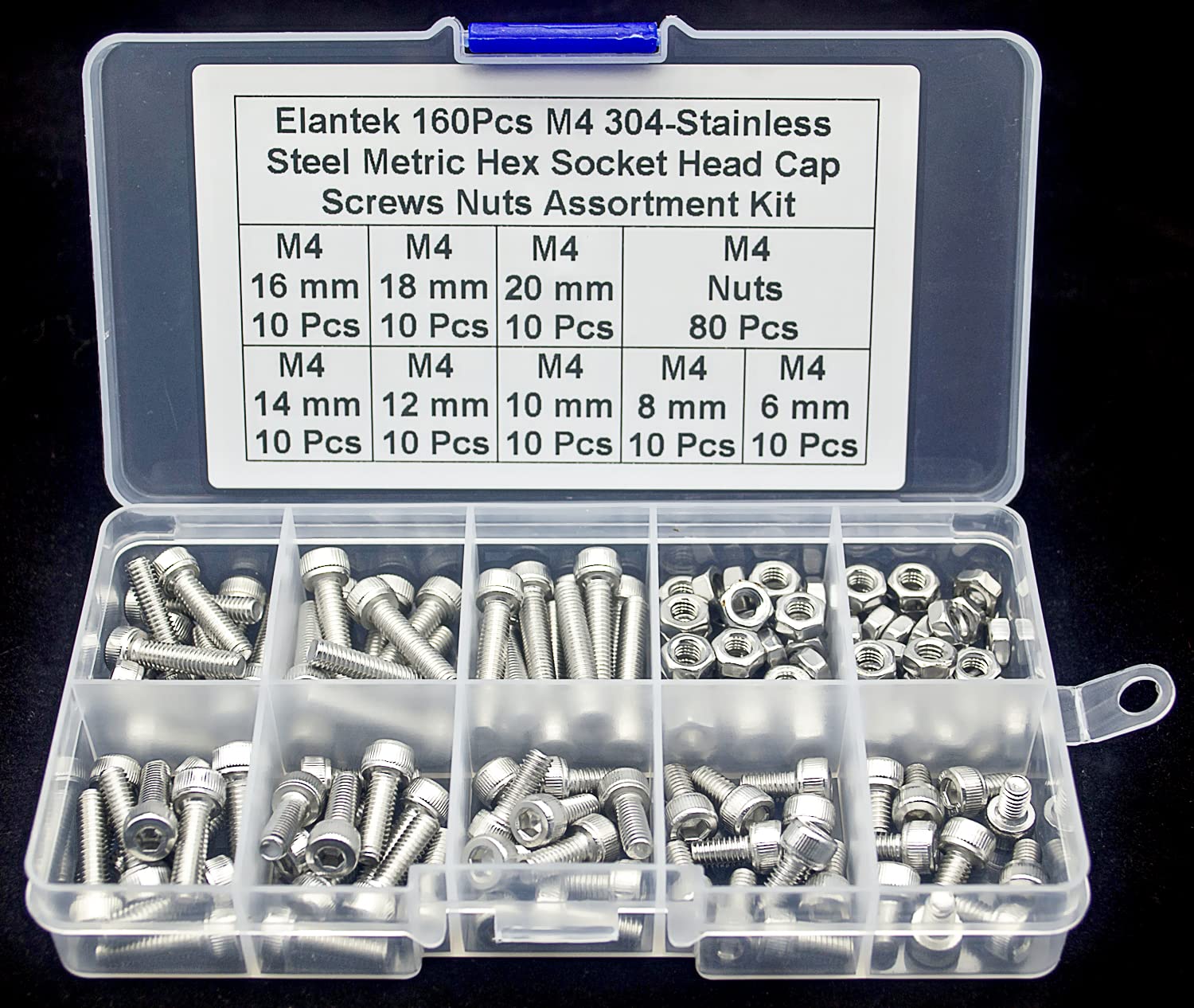 Elantek 160Pcs Metric M4 304-Stainless Steel Hex Socket Head Cap Screws Nuts Assortment Kit- M4 x 6mm/ 8mm/ 10mm/ 12mm/ 14mm/ 16mm/ 18mm/ 20mm