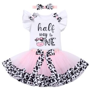 baby girl cow 1/2 birthday outfit farm animal fancy dress up flutter sleeve romper tutu skirt headband bowknot tutu dress 3pcs clothes set for cake smash photo prop pink cow - half way to one 6 months