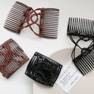 MAORULU 4 Pieces Magic Hair Combs for Women Accessories, Adjustable Elastic Hair Comb Clips for Thick Curly Thin Hair (Coffee and Black)