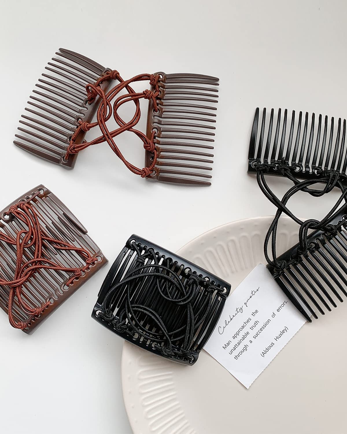 MAORULU 4 Pieces Magic Hair Combs for Women Accessories, Adjustable Elastic Hair Comb Clips for Thick Curly Thin Hair (Coffee and Black)