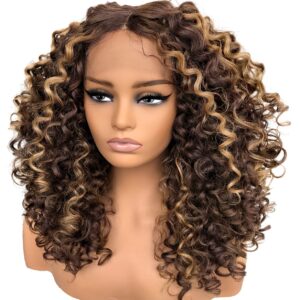 MITIMTES 16inch P4/27 Omber Honey Blonde Highlight HD Glueless Curly Lace Front Wig Pre Plucked with Babyhair Human Hair Blend Synthetic Short Curly Frontal Wig for Black Women