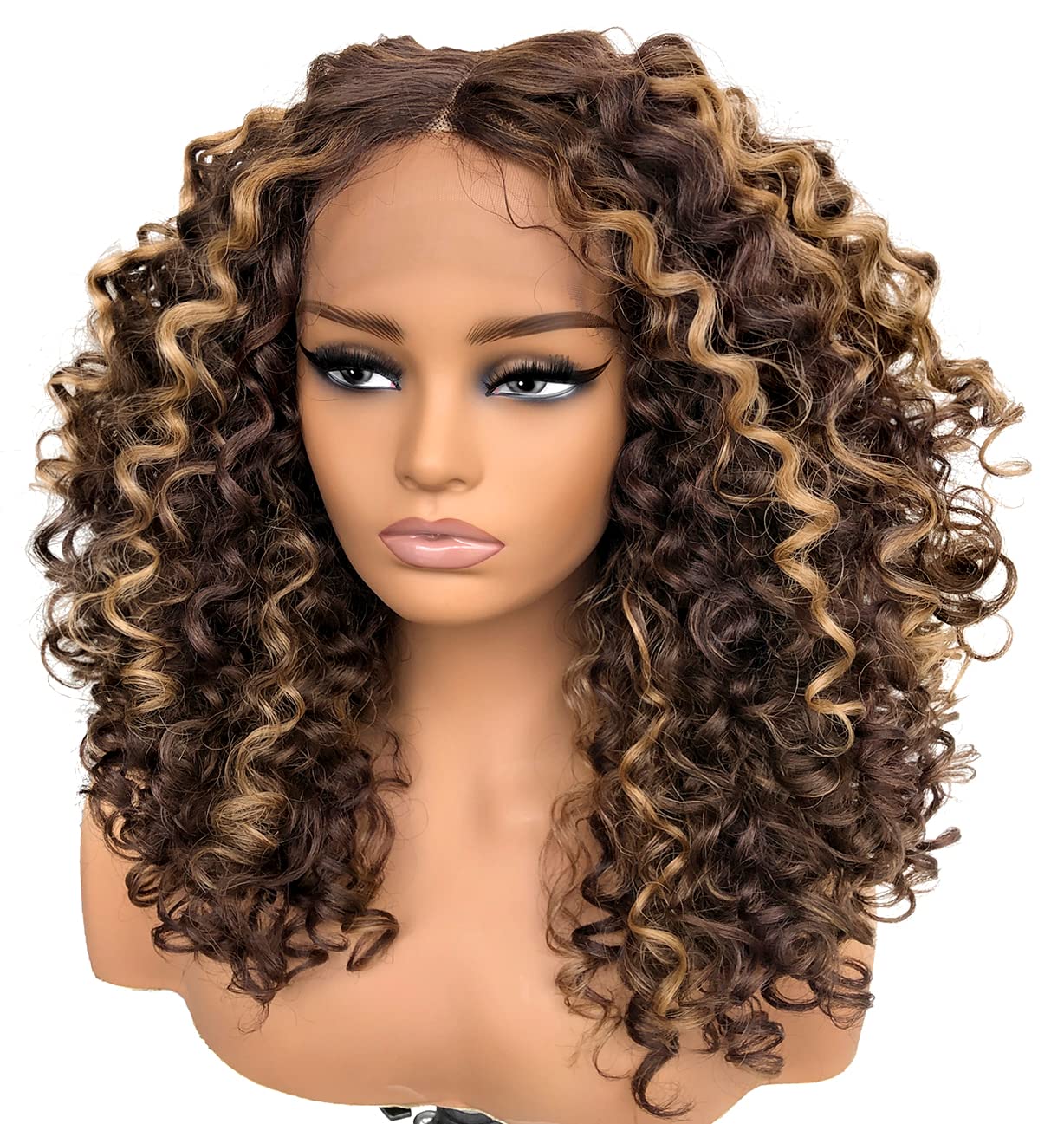 MITIMTES 16inch P4/27 Omber Honey Blonde Highlight HD Glueless Curly Lace Front Wig Pre Plucked with Babyhair Human Hair Blend Synthetic Short Curly Frontal Wig for Black Women