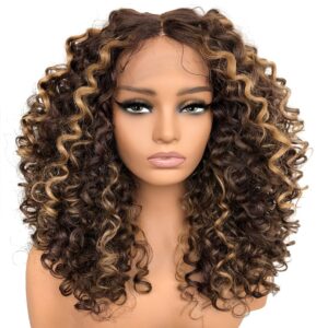 MITIMTES 16inch P4/27 Omber Honey Blonde Highlight HD Glueless Curly Lace Front Wig Pre Plucked with Babyhair Human Hair Blend Synthetic Short Curly Frontal Wig for Black Women