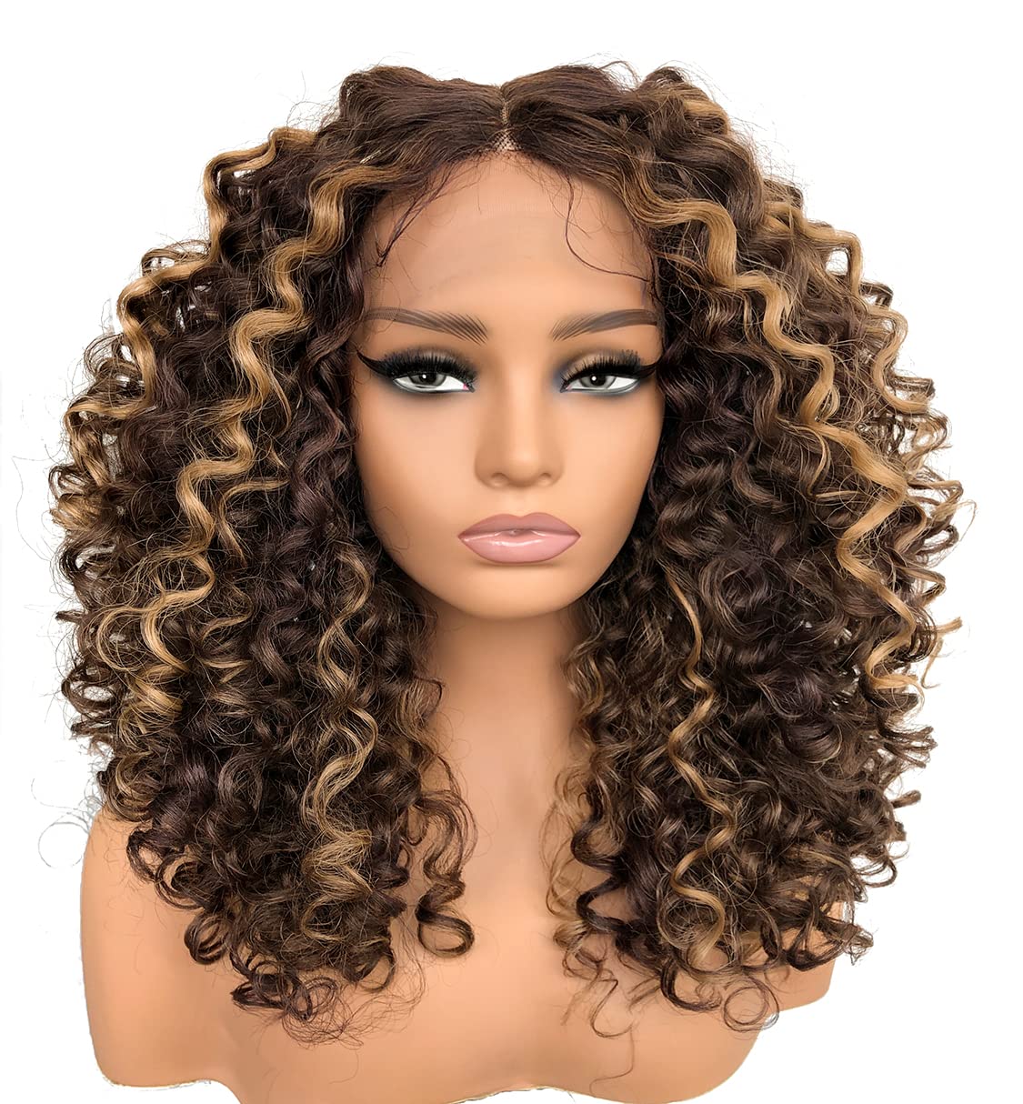 MITIMTES 16inch P4/27 Omber Honey Blonde Highlight HD Glueless Curly Lace Front Wig Pre Plucked with Babyhair Human Hair Blend Synthetic Short Curly Frontal Wig for Black Women