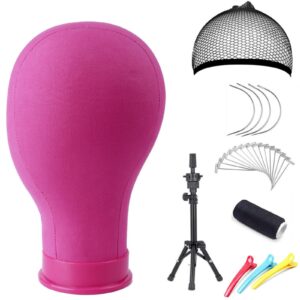 22 inch canvas block head pink wig head with wig stand tripod mannequin head stand for wigs trimming making display.(22 inch pink)