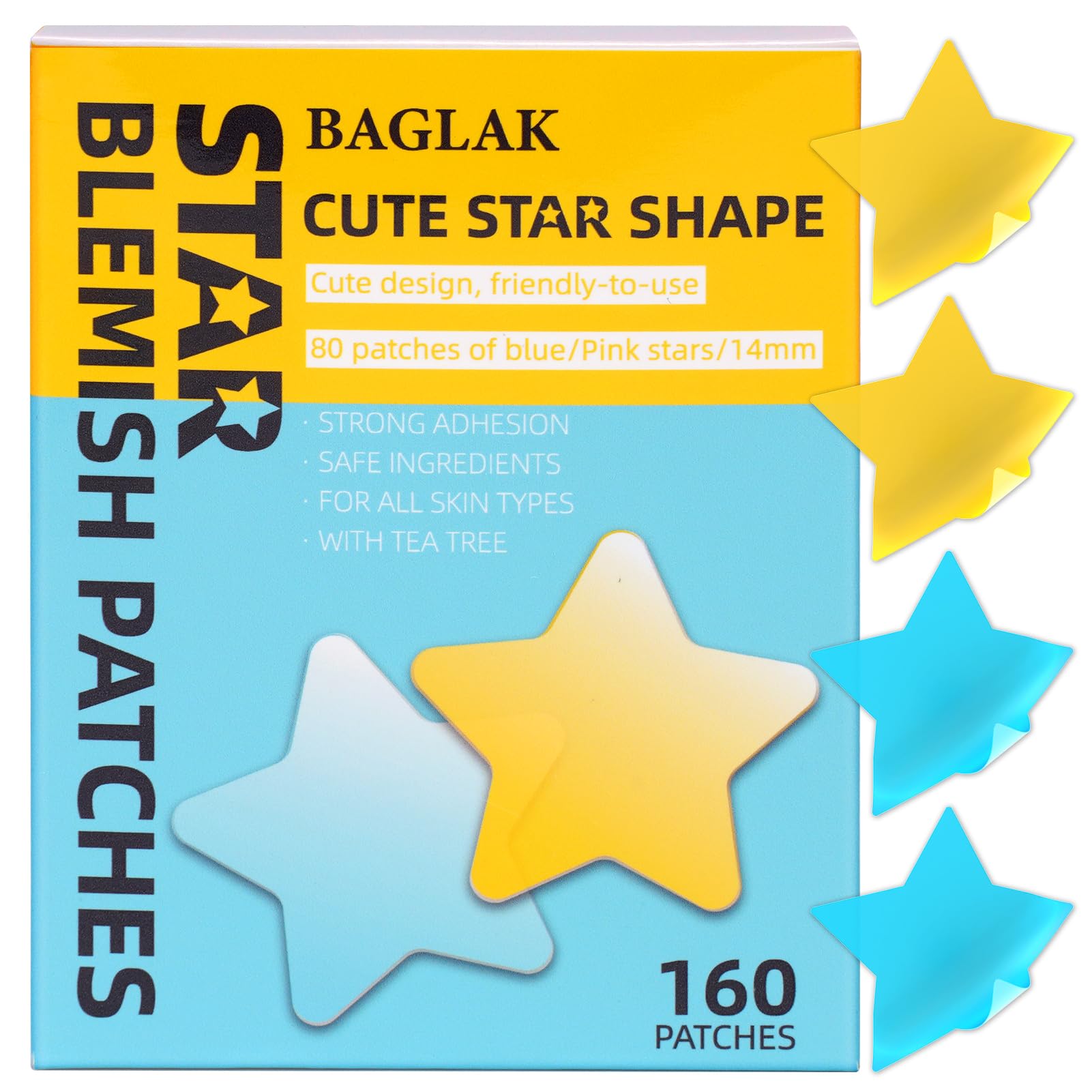 BAGLAK Star Shape Pimple Patch/Stickers To Cover Facial Blemishes -160 Patches - Yellow & Blue, Hydrocolloid Spot Dots