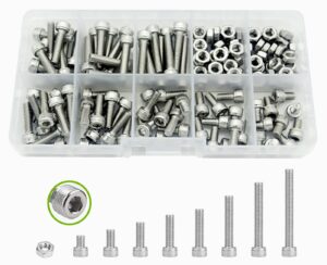 elantek 160pcs metric m4 304-stainless steel hex socket head cap screws nuts assortment kit- m4 x 6mm/ 8mm/ 10mm/ 12mm/ 14mm/ 16mm/ 18mm/ 20mm