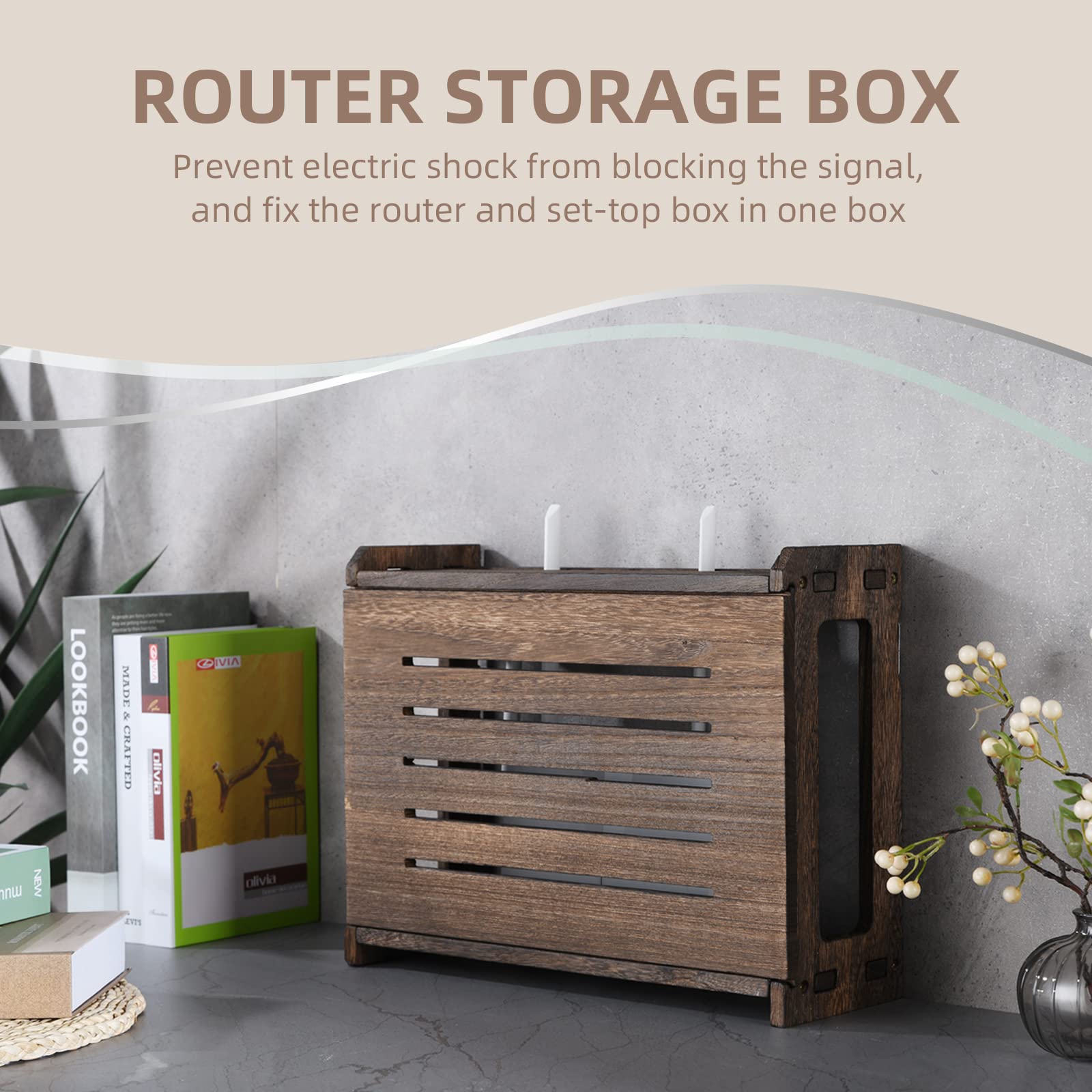 BEARUT Wooden Router Shelf Wall Mount WiFi Router Storage Box Modem Cable Router Cover Organized Power Strip Cable Management Hider Rack Need Assembly 14.9 * 9.8 * 5.4 in (L* H * W)