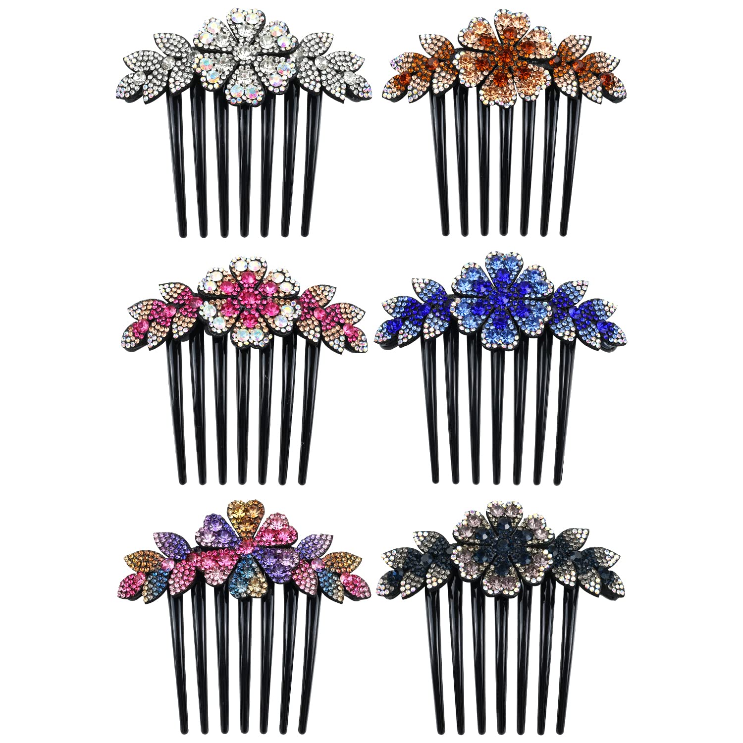 Lawie 6 Pack Luxury Sparkly Glitter Flower Leaf Rhinestone Black Plastic Side French Twist Hair Combs Long Teeth Slide Hairpins Barrettes Bun Chignon Clips Long Thick Hair Holder Accessories for Women