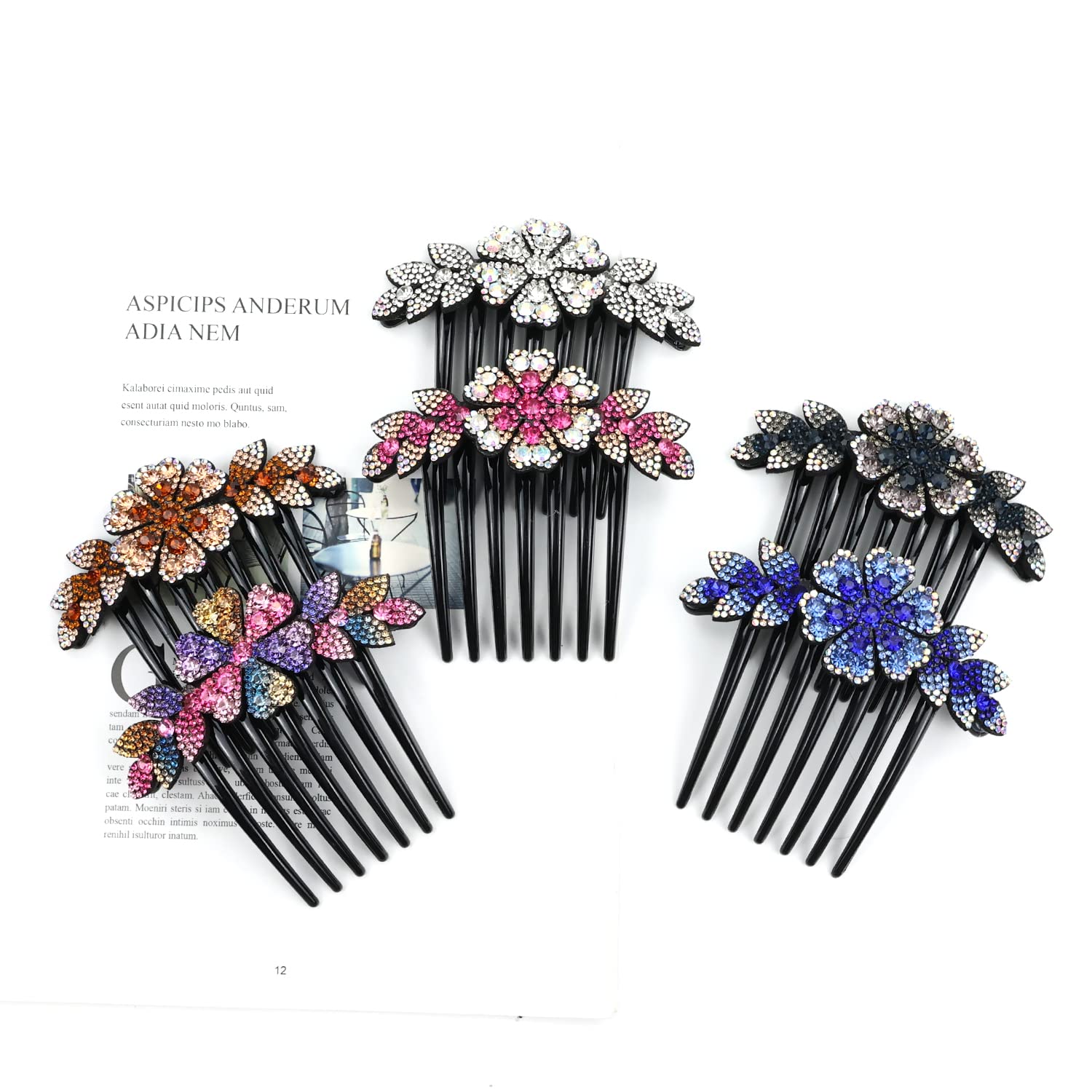 Lawie 6 Pack Luxury Sparkly Glitter Flower Leaf Rhinestone Black Plastic Side French Twist Hair Combs Long Teeth Slide Hairpins Barrettes Bun Chignon Clips Long Thick Hair Holder Accessories for Women