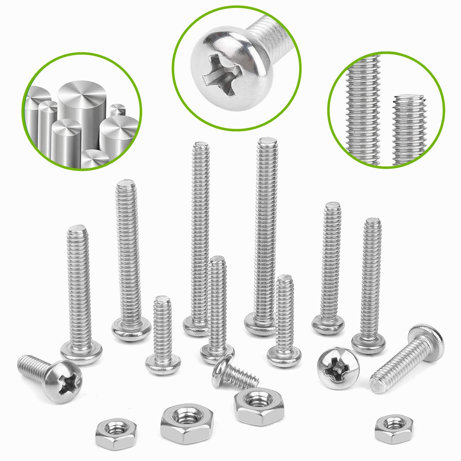 Elantek 160Pcs Metric M4 304-Stainless Steel Phillips Pan Head Machine Screws Nuts Assortment Kit- M4 x 6mm/ 8mm/ 10mm/ 12mm/ 14mm/ 16mm/ 18mm/ 20mm