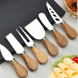 PBXZET 6-Piece Cheese Knife Set, Cheese Knives Cheese Knife Set Wooden Handle Stainless Steel Cheese Slicer Fork Spreader for Cheese Butter Pizza Cake Cutlery Cheese Knife Gift Set (Acacia)