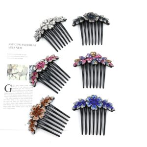 Lawie 6 Pack Luxury Sparkly Glitter Flower Leaf Rhinestone Black Plastic Side French Twist Hair Combs Long Teeth Slide Hairpins Barrettes Bun Chignon Clips Long Thick Hair Holder Accessories for Women