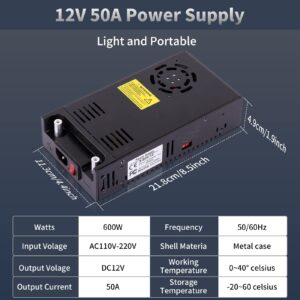 DC 12V 50A 600W Power Supply Switch 110V/220 AC to 12V DC Converter PSU SMPS Adapter Adjustable Universal Transformer for RV, Radio/Car Stereos, LED Strip, CCTV, Computer Project, 3D Printer