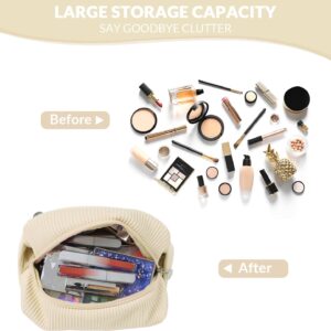 BAKLUCK Travel Makeup Bag Double Layer Large Capacity Makeup bag for Women, Cream PU Leather Toast Makeup Bag with Makeup Brush Compartment, Makeup Bag for Girls Travel Portable Beige Makeup Bag