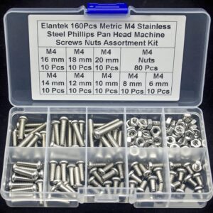 Elantek 160Pcs Metric M4 304-Stainless Steel Phillips Pan Head Machine Screws Nuts Assortment Kit- M4 x 6mm/ 8mm/ 10mm/ 12mm/ 14mm/ 16mm/ 18mm/ 20mm