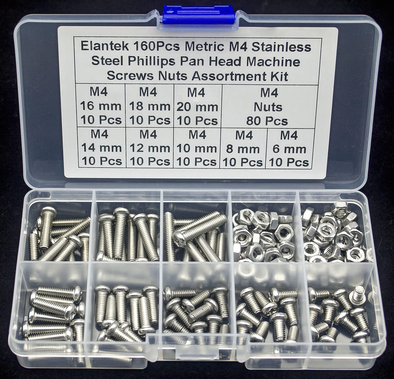 Elantek 160Pcs Metric M4 304-Stainless Steel Phillips Pan Head Machine Screws Nuts Assortment Kit- M4 x 6mm/ 8mm/ 10mm/ 12mm/ 14mm/ 16mm/ 18mm/ 20mm