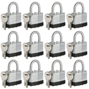 travate keyed alike padlocks, nickel plated padlocks keyed alike set of 12, key lock with 1-9/16"(40mm) wide body 1-inch shackle for storage unit, sheds, garages and fence