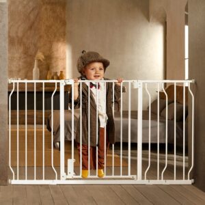 ciays 29.5” to 57.1” baby gate for stairs doorways and house, 30” height extra wide auto-close safety dog gate for pets with secure alarm, pressure mounted, white