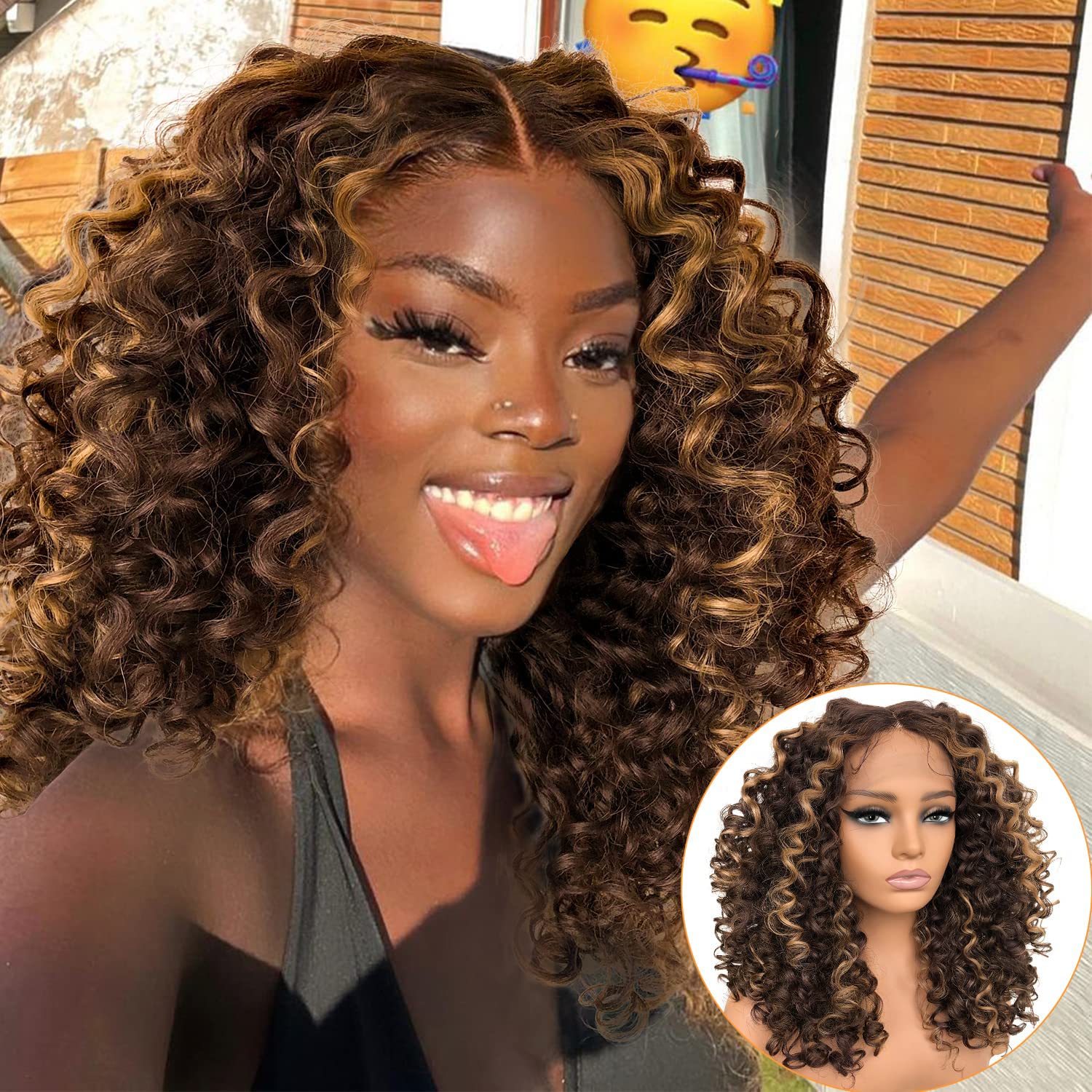 MITIMTES 16inch P4/27 Omber Honey Blonde Highlight HD Glueless Curly Lace Front Wig Pre Plucked with Babyhair Human Hair Blend Synthetic Short Curly Frontal Wig for Black Women